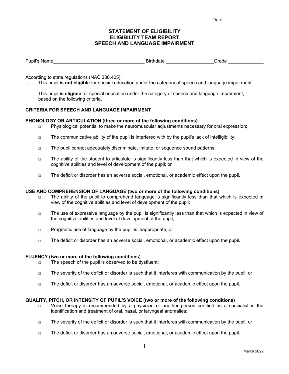 Nevada Statement of Eligibility - Speech and Language Impairment Download Printable PDF ...
