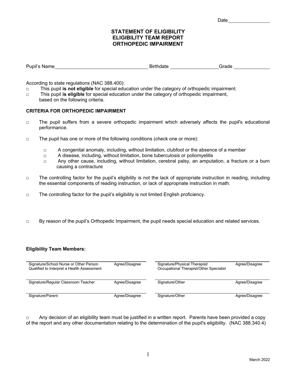 Nevada Statement of Eligibility - Orthopedic Impairment - Fill Out ...