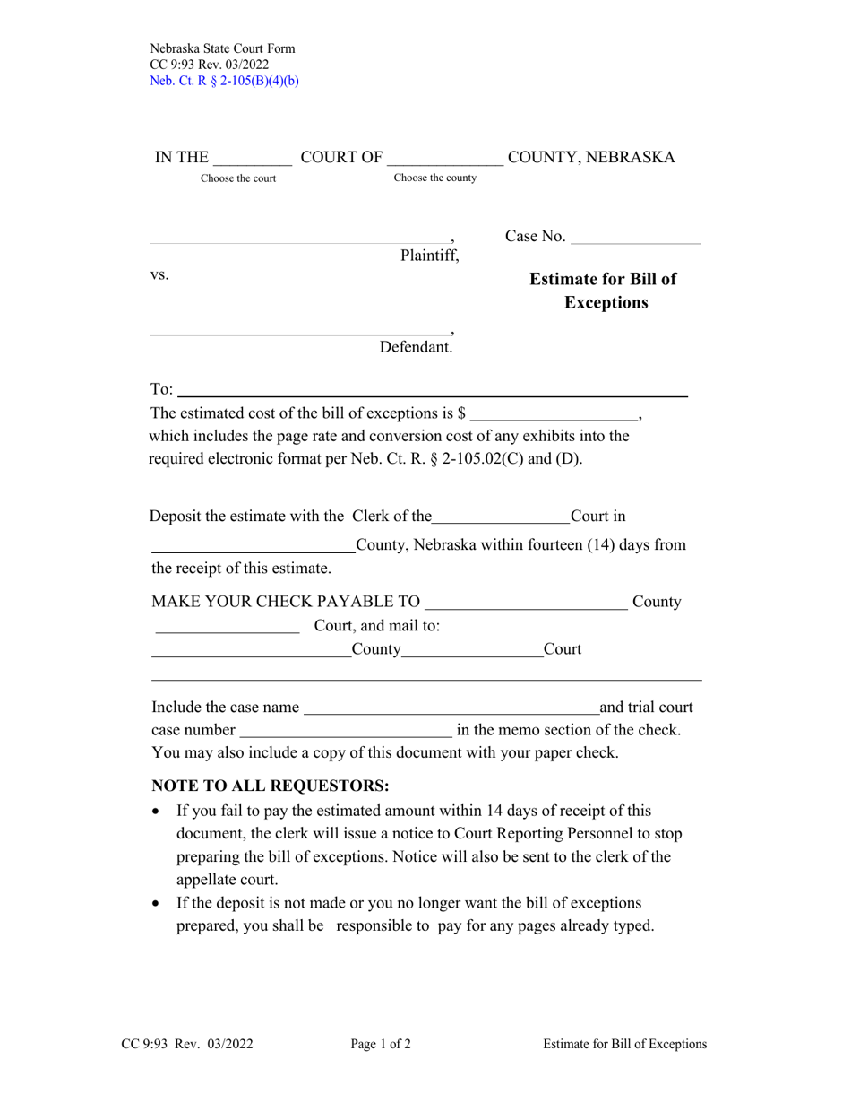 Form CC9:93 Download Fillable PDF or Fill Online Estimate for Bill of ...