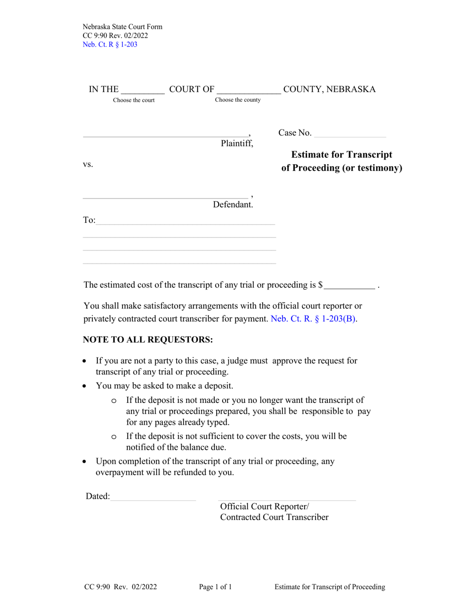 Form CC9:90 Download Fillable PDF or Fill Online Estimate for ...