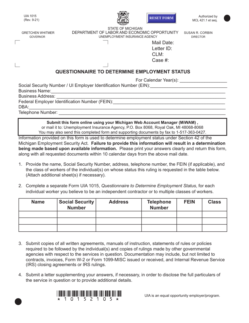 Form UIA1015 Download Fillable PDF or Fill Online Questionnaire to ...