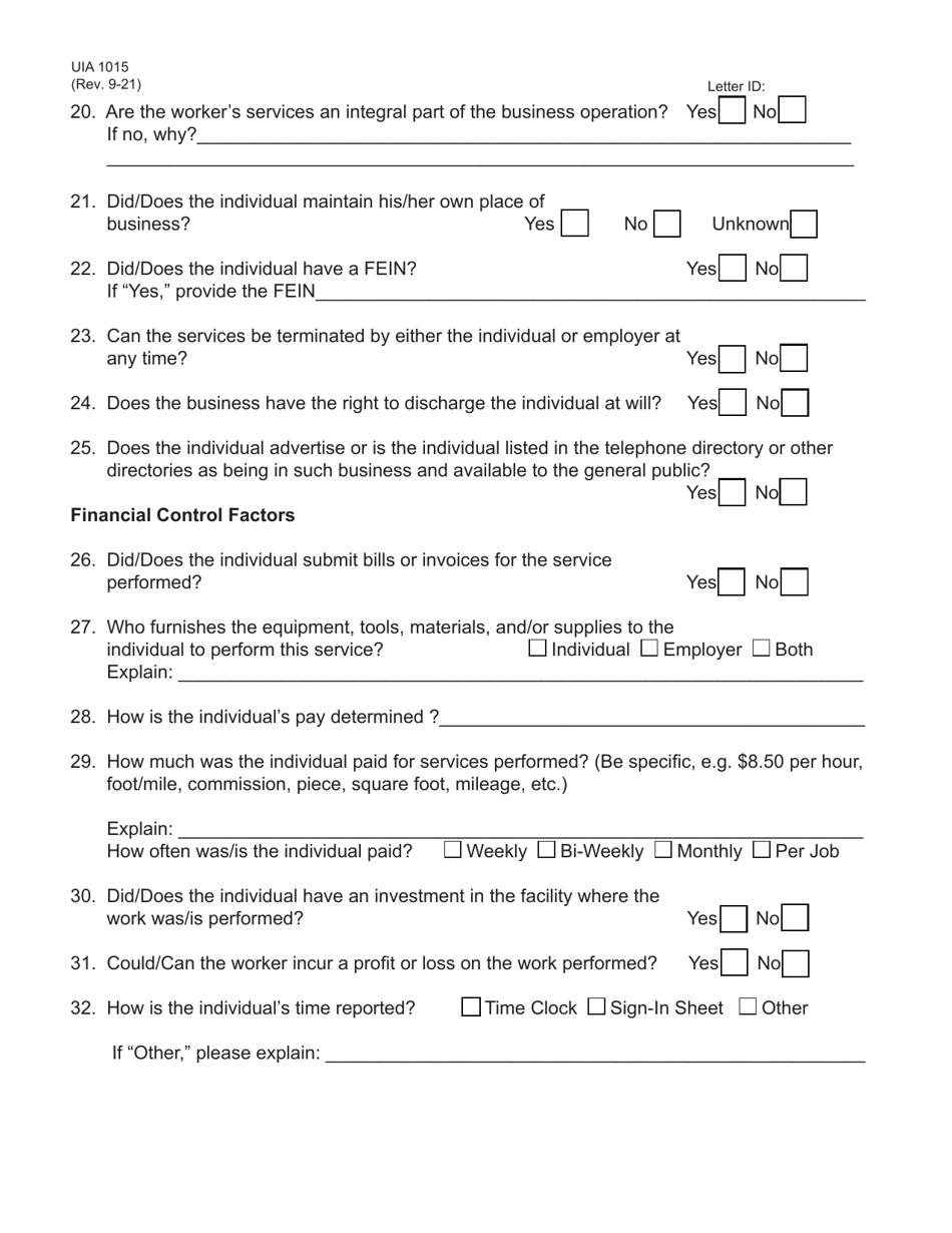 Form UIA1015 Download Fillable PDF or Fill Online Questionnaire to ...