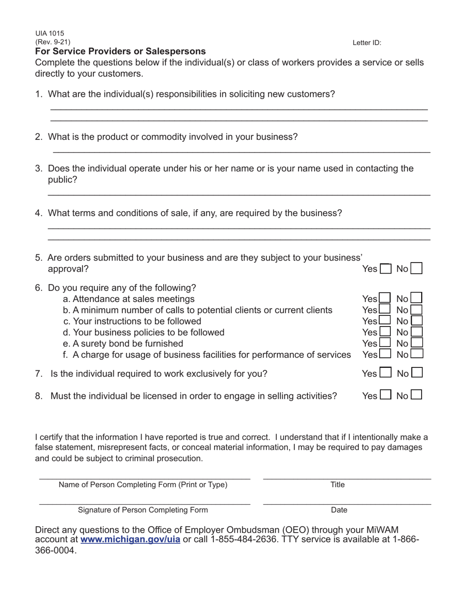 Form UIA1015 Download Fillable PDF or Fill Online Questionnaire to ...