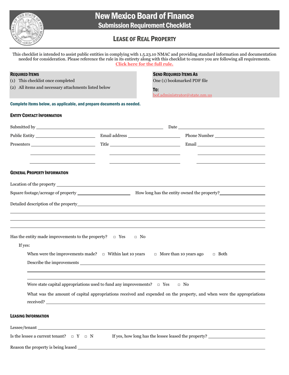 New Mexico Checklist for Submission on Lease of Real Property - Fill ...