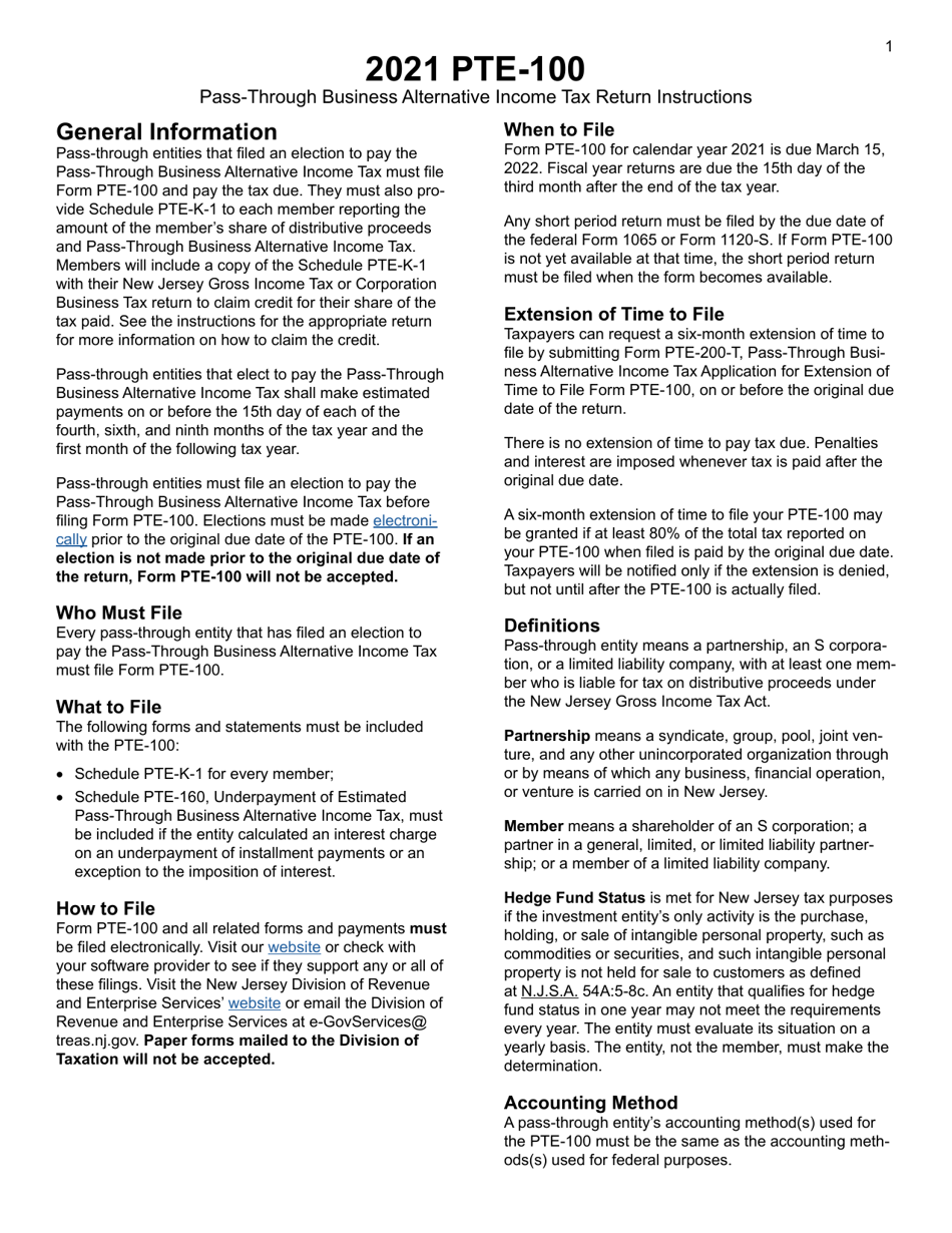 Download Instructions for Form PTE-100 Pass-Through Business ...