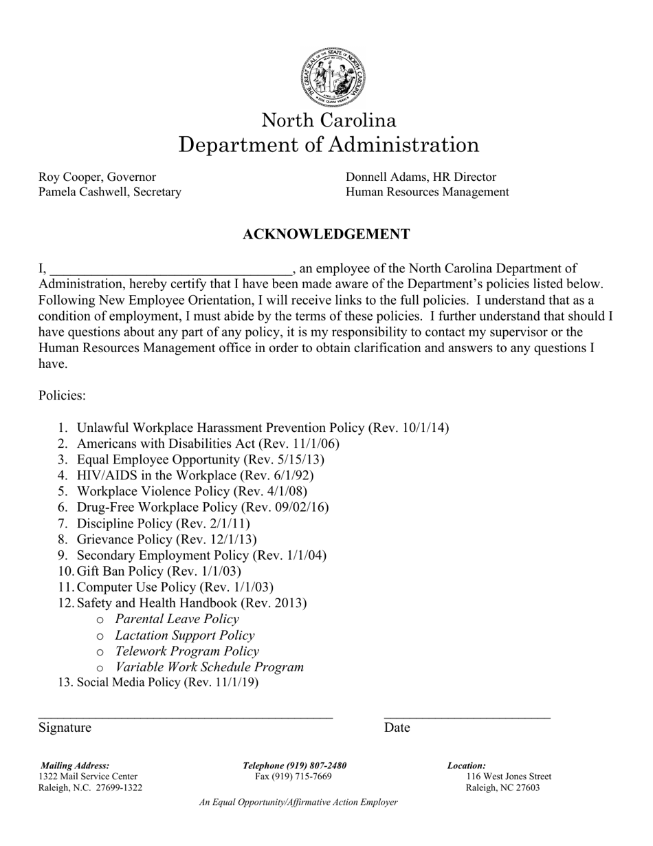 North Carolina Acknowledgement of Policies - Fill Out, Sign Online and ...