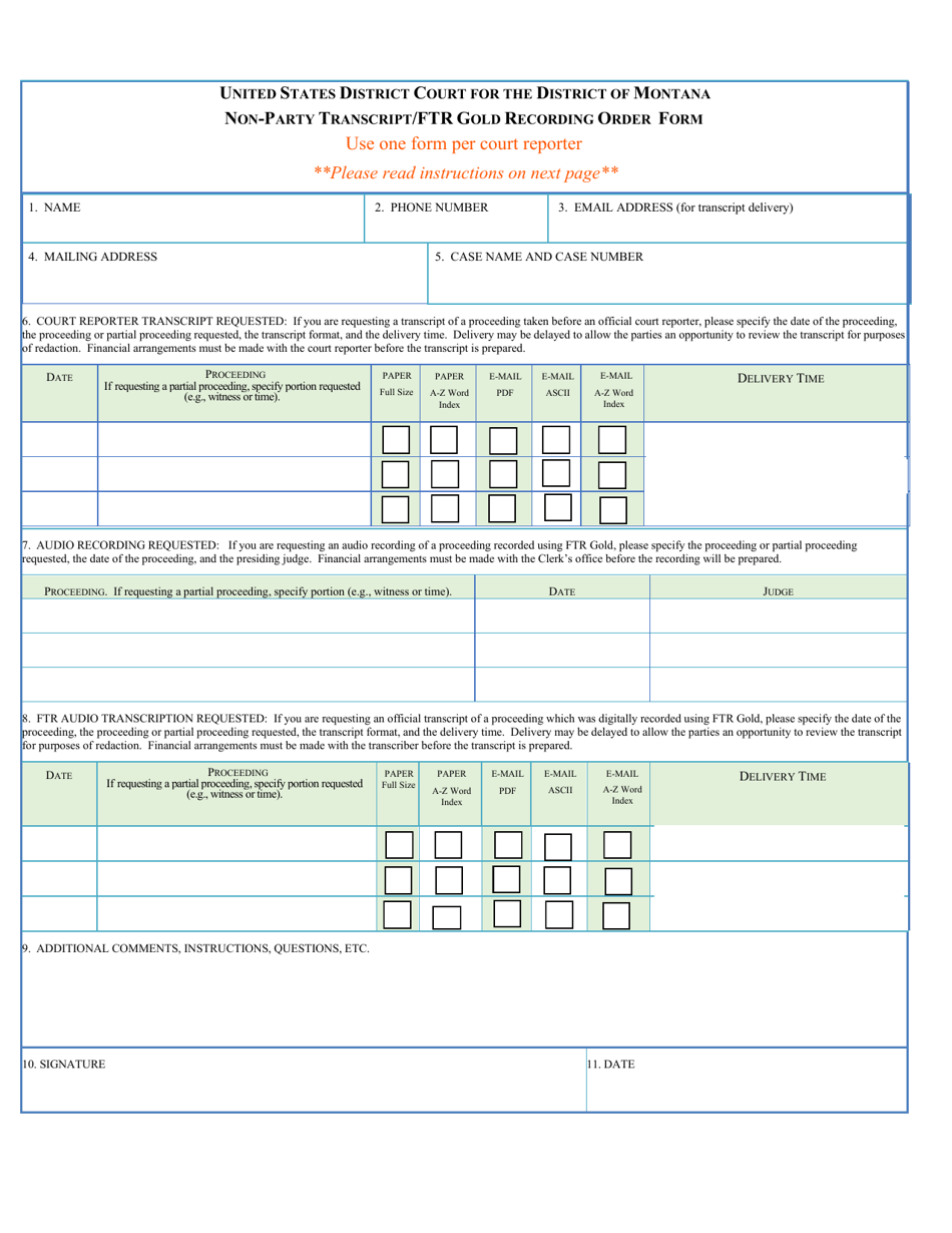 Montana Non-party Transcript/Ftr Gold Recording Order Form - Fill Out ...