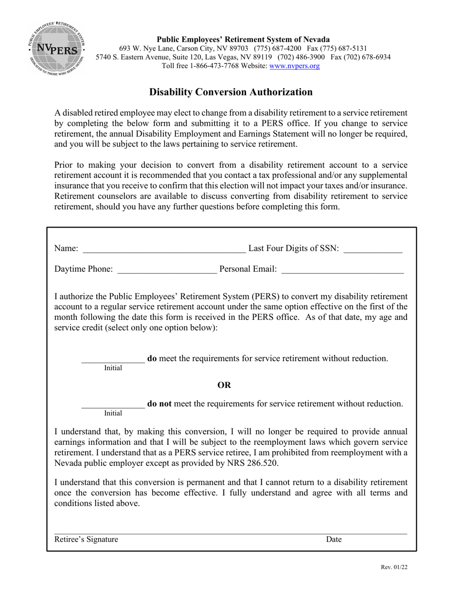 Nevada Disability Conversion Authorization Download Fillable PDF 2019 ...