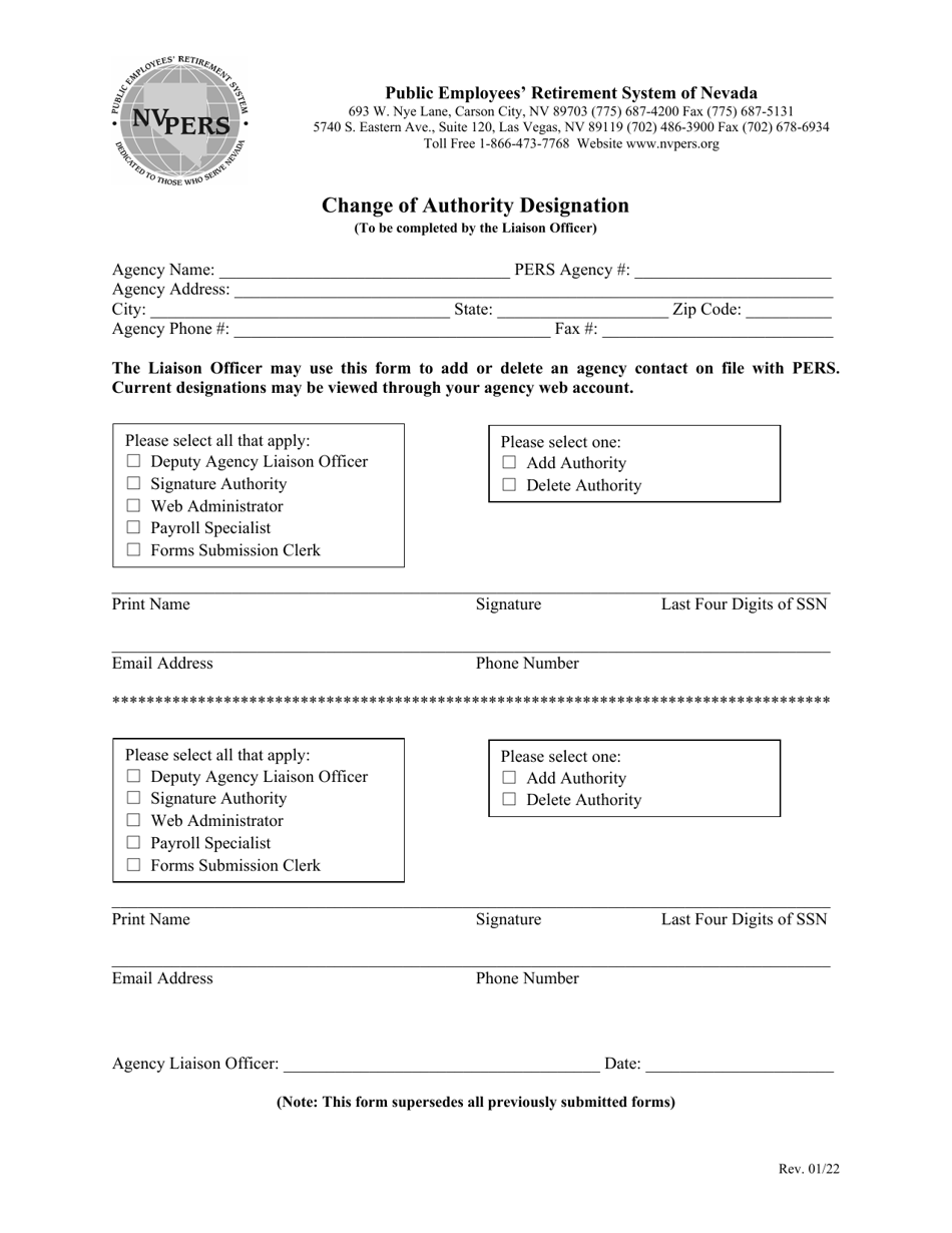 Nevada Change of Authority Designation Download Fillable PDF | Templateroller