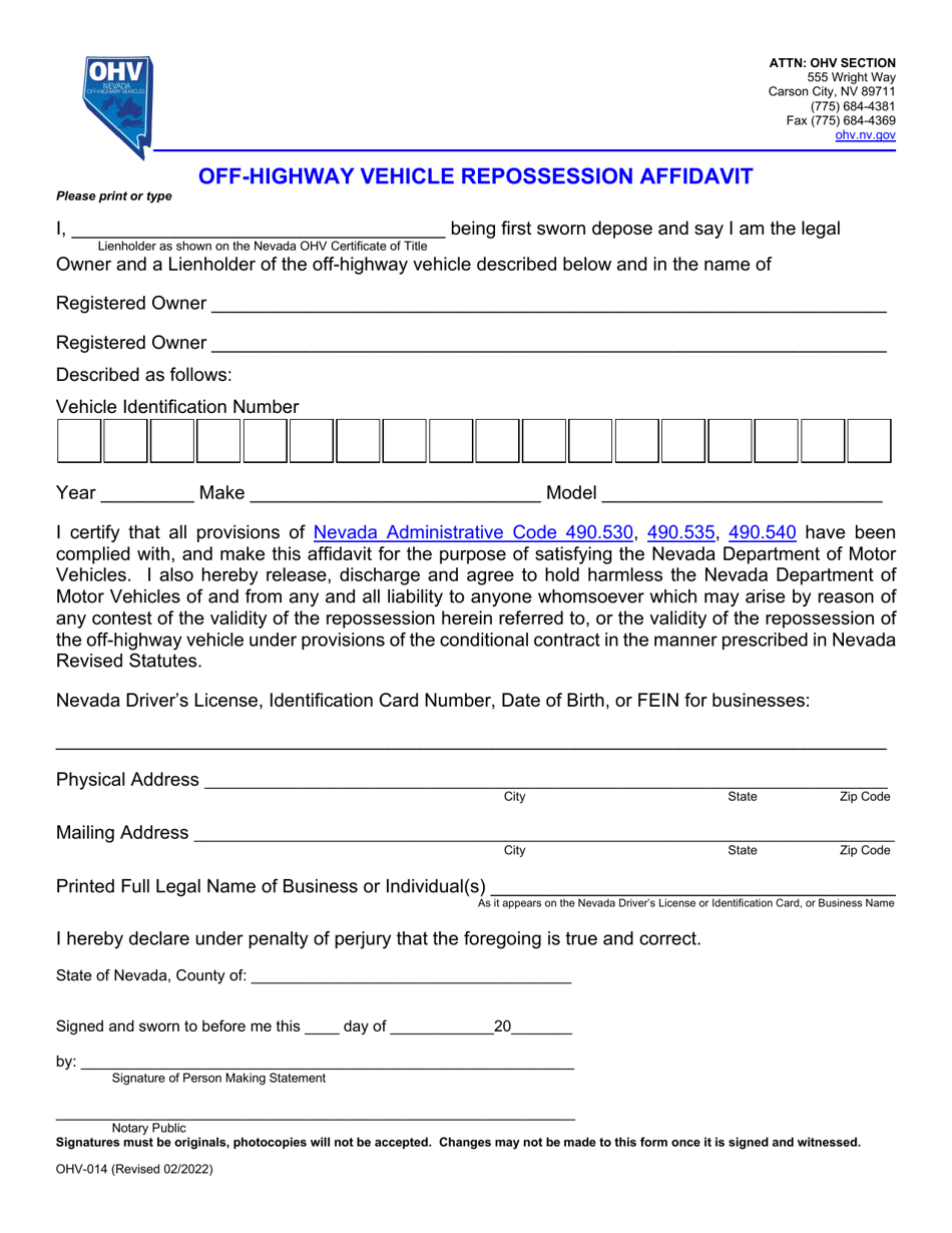 Form OHV-014 Download Fillable PDF or Fill Online Off-Highway Vehicle ...
