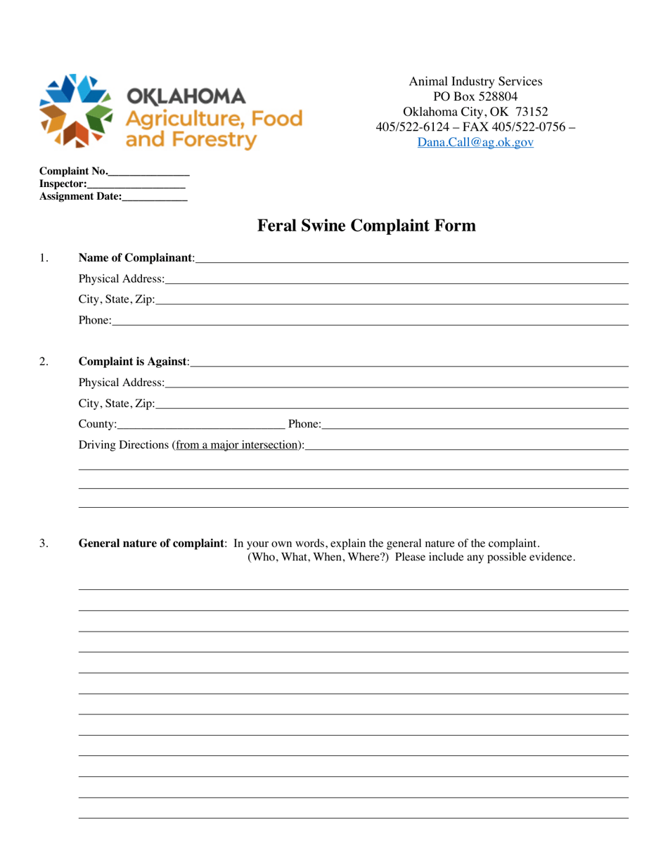 Oklahoma Feral Swine Complaint Form - Fill Out, Sign Online and ...