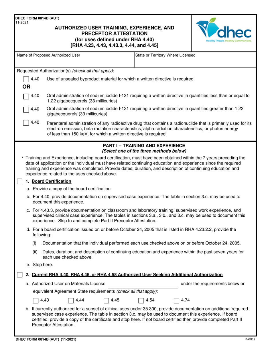DHEC Form 0814B (AUT) - Fill Out, Sign Online and Download Fillable PDF ...