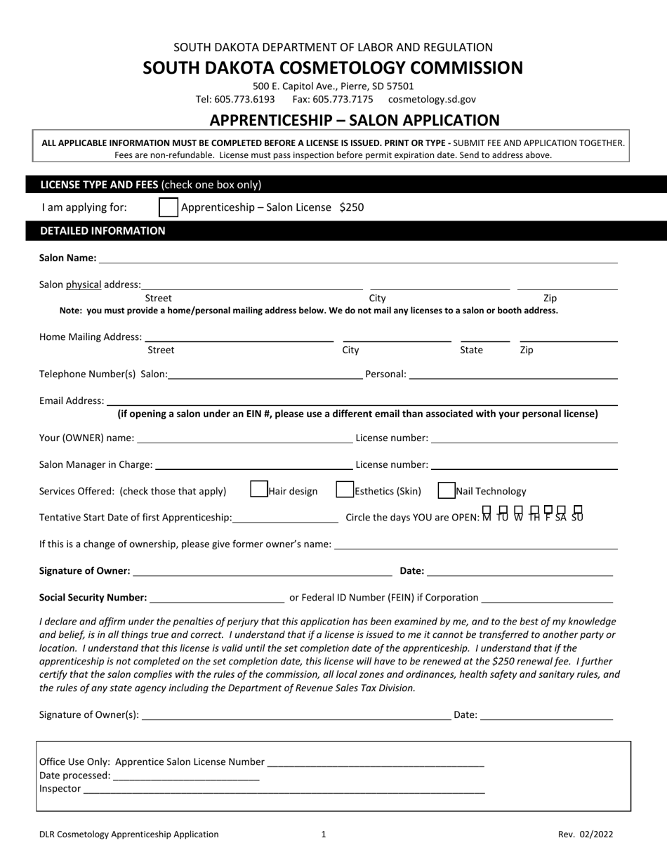 South Dakota Apprenticeship - Salon Application - Fill Out, Sign Online ...