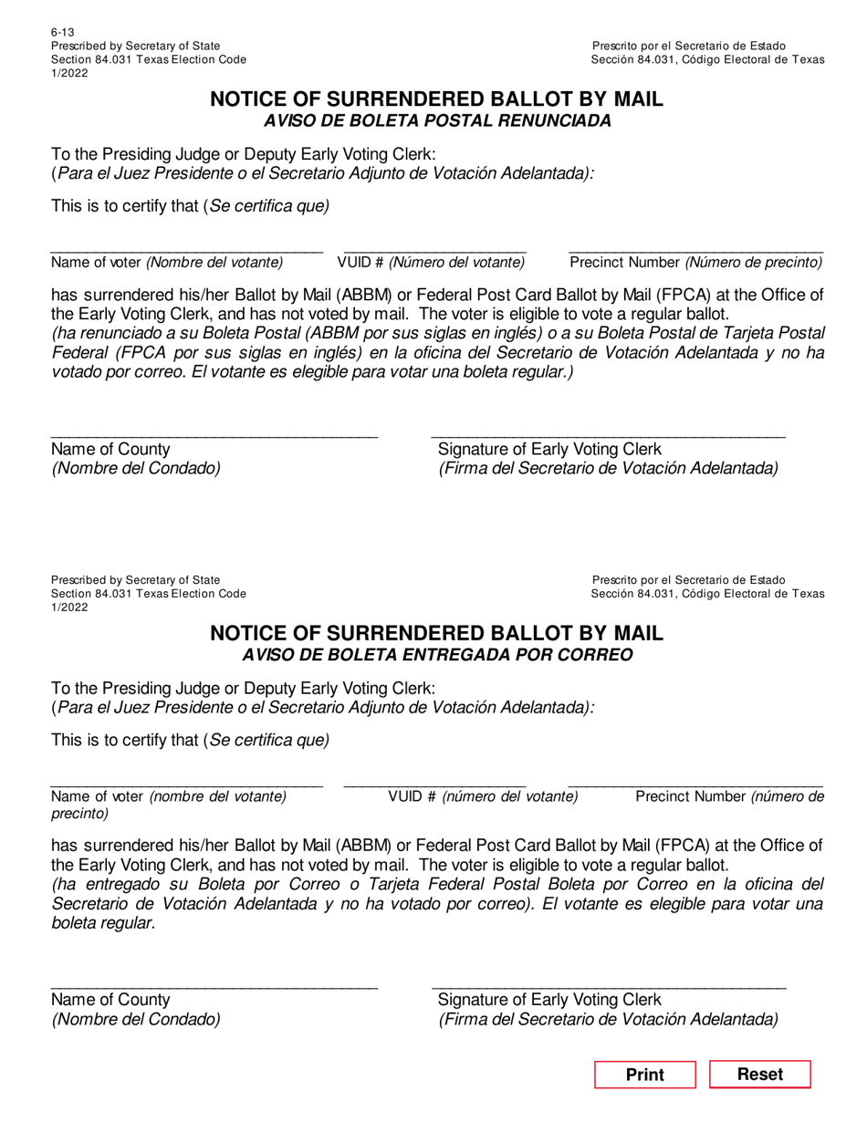Form 6-13 - Fill Out, Sign Online and Download Fillable PDF, Texas ...