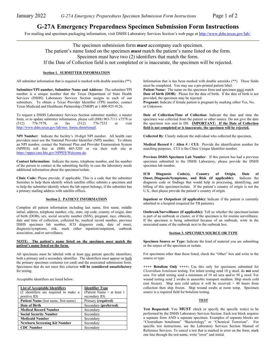Download Instructions for Form G-27A Emergency Preparedness Specimen ...
