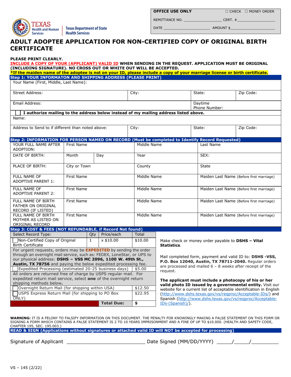 Form VS-145 - Fill Out, Sign Online and Download Fillable PDF, Texas ...