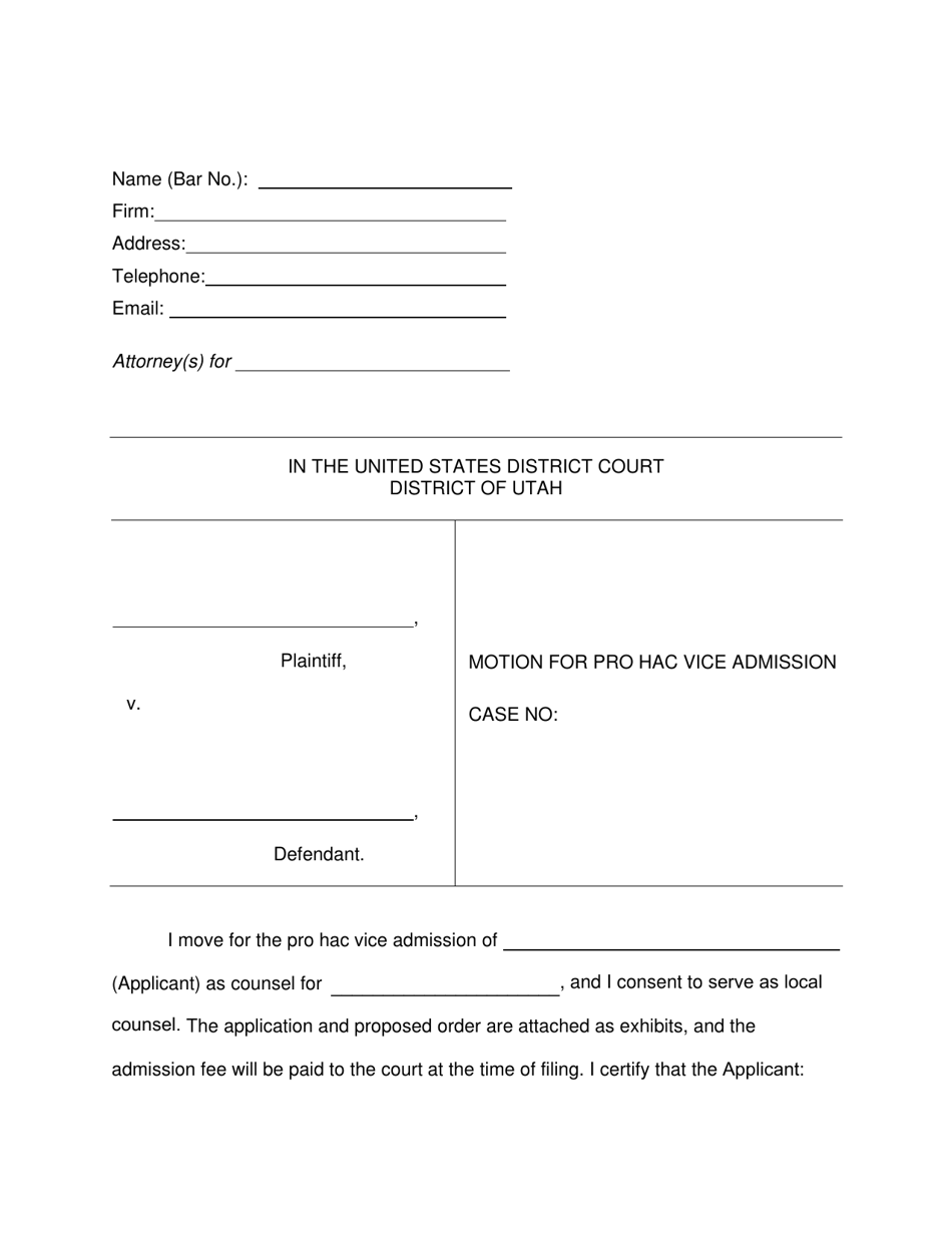 Utah Motion for Pro Hac Vice Admission - Fill Out, Sign Online and ...