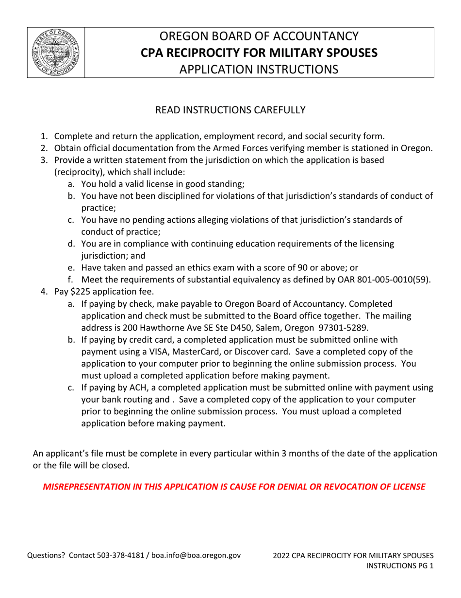 Oregon CPA Reciprocity for Military Spouses Application for CPA ...