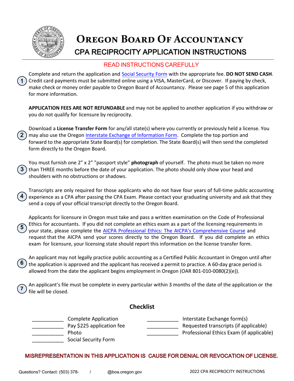 Oregon CPA Reciprocity Application for CPA Certificate and Permit to ...