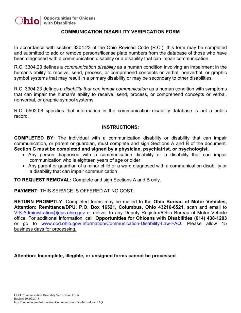 Ohio Communication Disability Verification Form - Fill Out, Sign Online ...