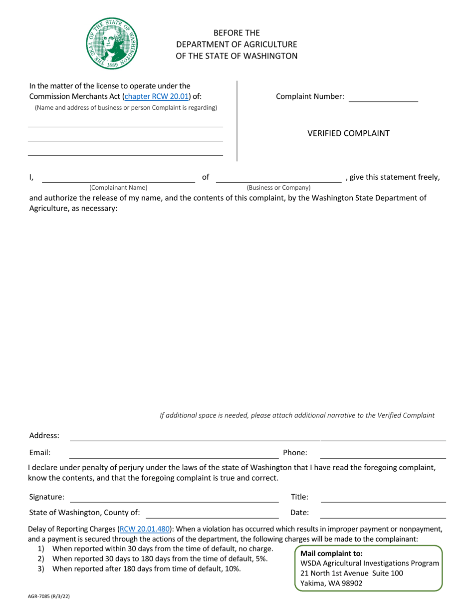Form AGR-7085 - Fill Out, Sign Online and Download Fillable PDF ...