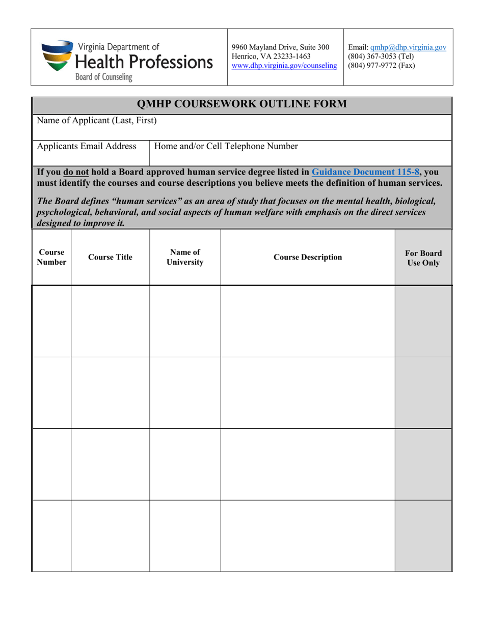 Virginia Qmhp Coursework Outline Form - Fill Out, Sign Online and ...