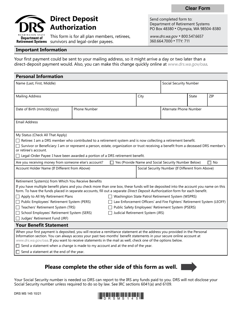Form DRS MS145 Download Fillable PDF or Fill Online Direct Deposit ...