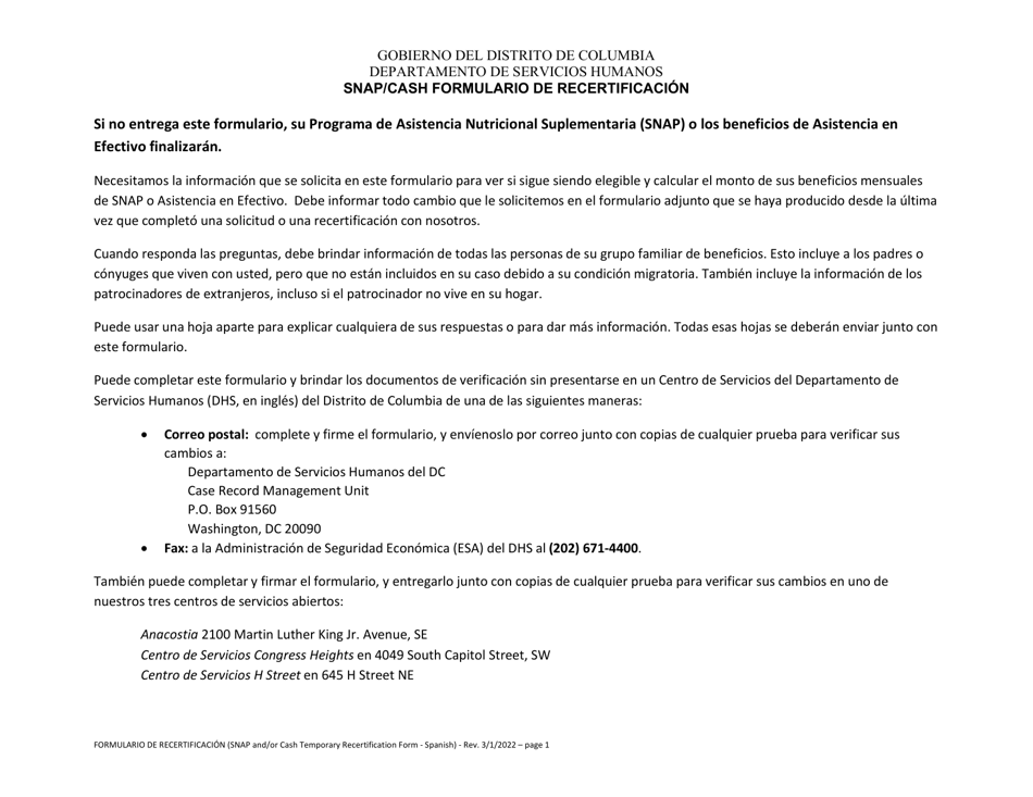 Washington, D.C. Snap/Cash Formulario De Recertificacion (Spanish ...