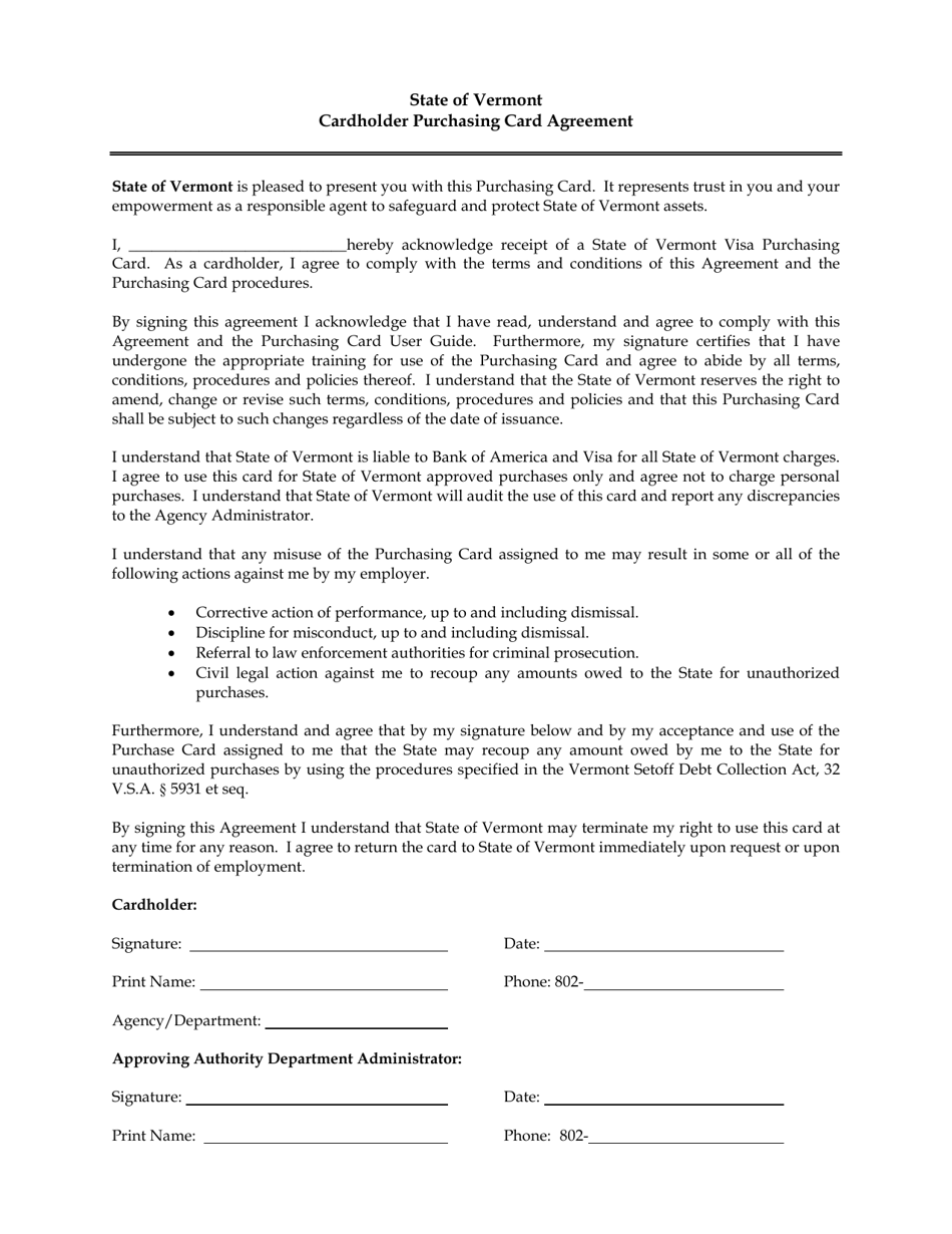 Vermont Cardholder Purchasing Card Agreement - Fill Out, Sign Online ...