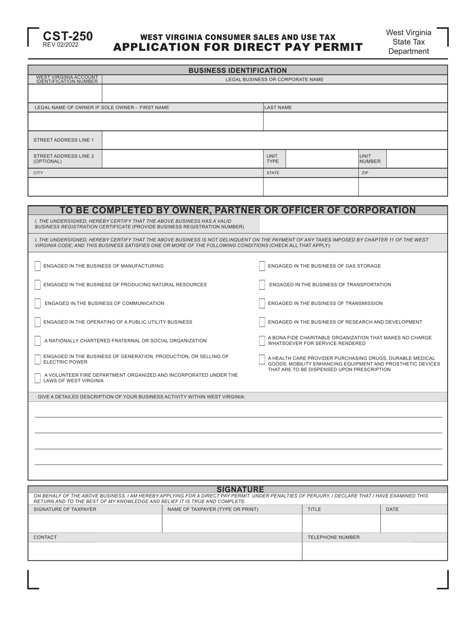 Form CST-250 Download Printable PDF or Fill Online West Virginia ...