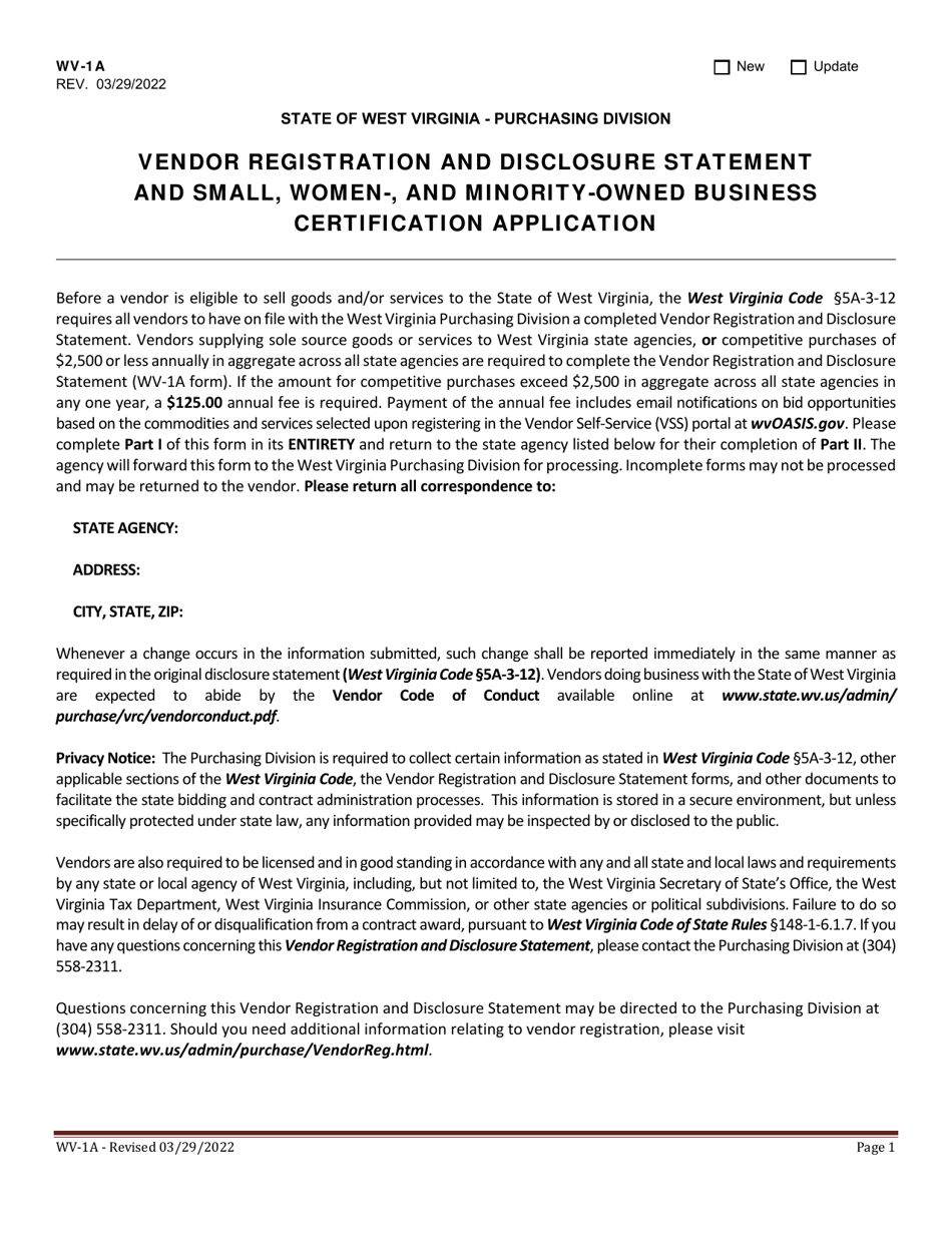 Form WV-1A - Fill Out, Sign Online and Download Fillable PDF, West ...