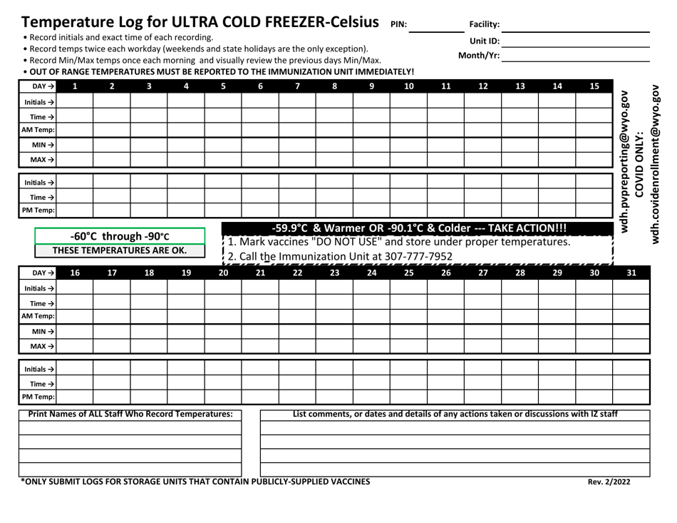 Wyoming Temperature Log for Ultra Cold Freezer - Celsius - Fill Out ...