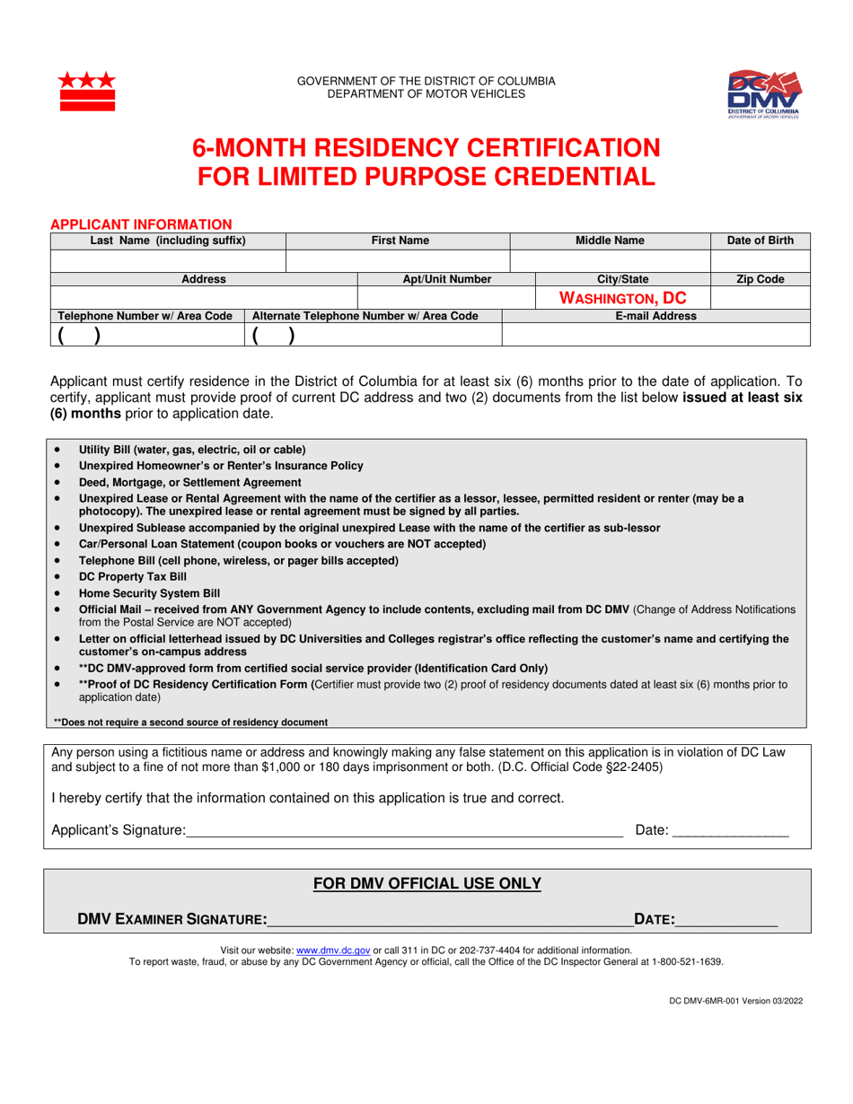 Form DC DMV-6MR-001 Download Printable PDF or Fill Online 6-month ...