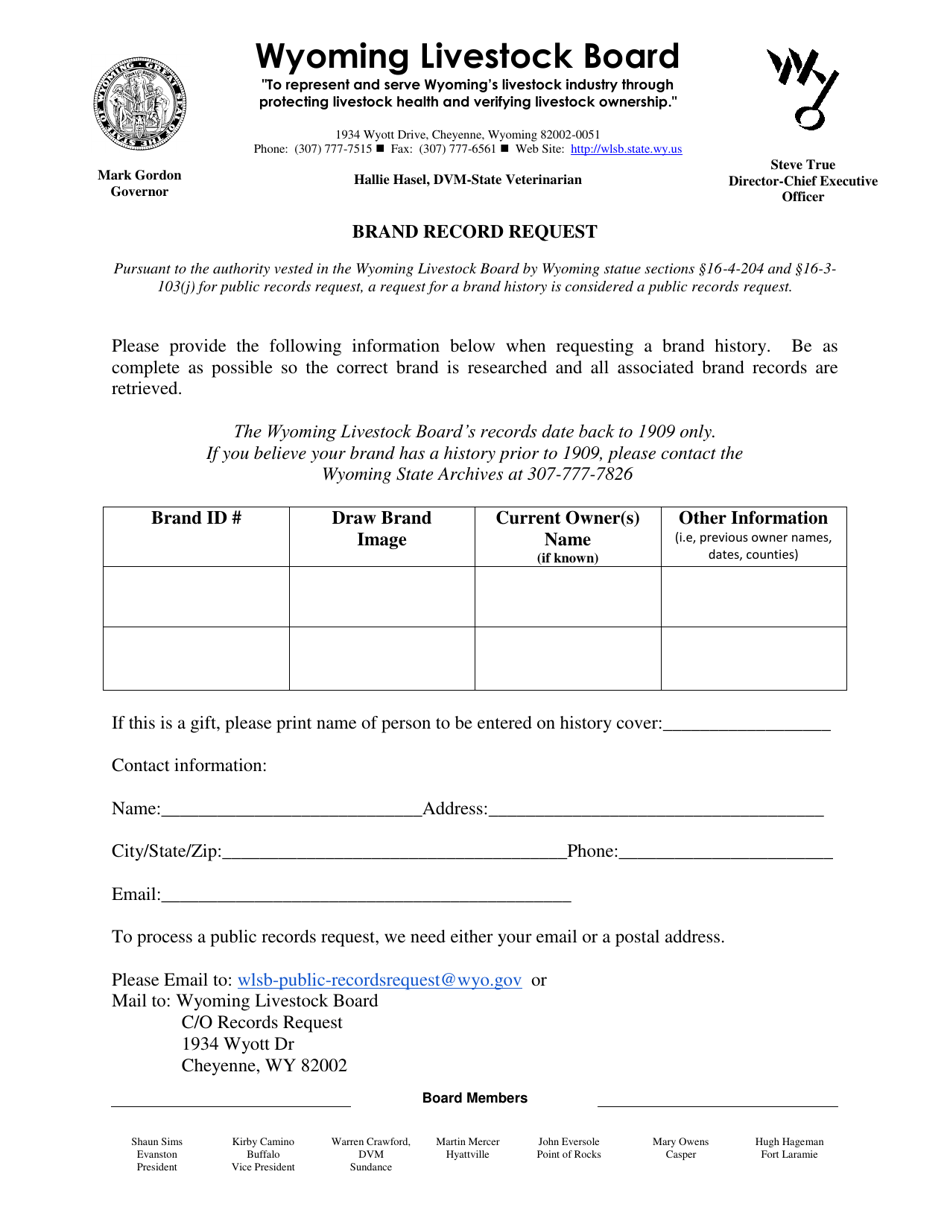 Wyoming Brand Record Request - Fill Out, Sign Online and Download PDF ...