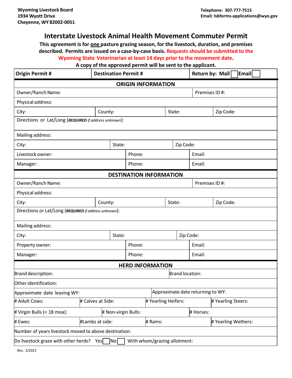 Wyoming Interstate Livestock Animal Health Movement Commuter Permit ...