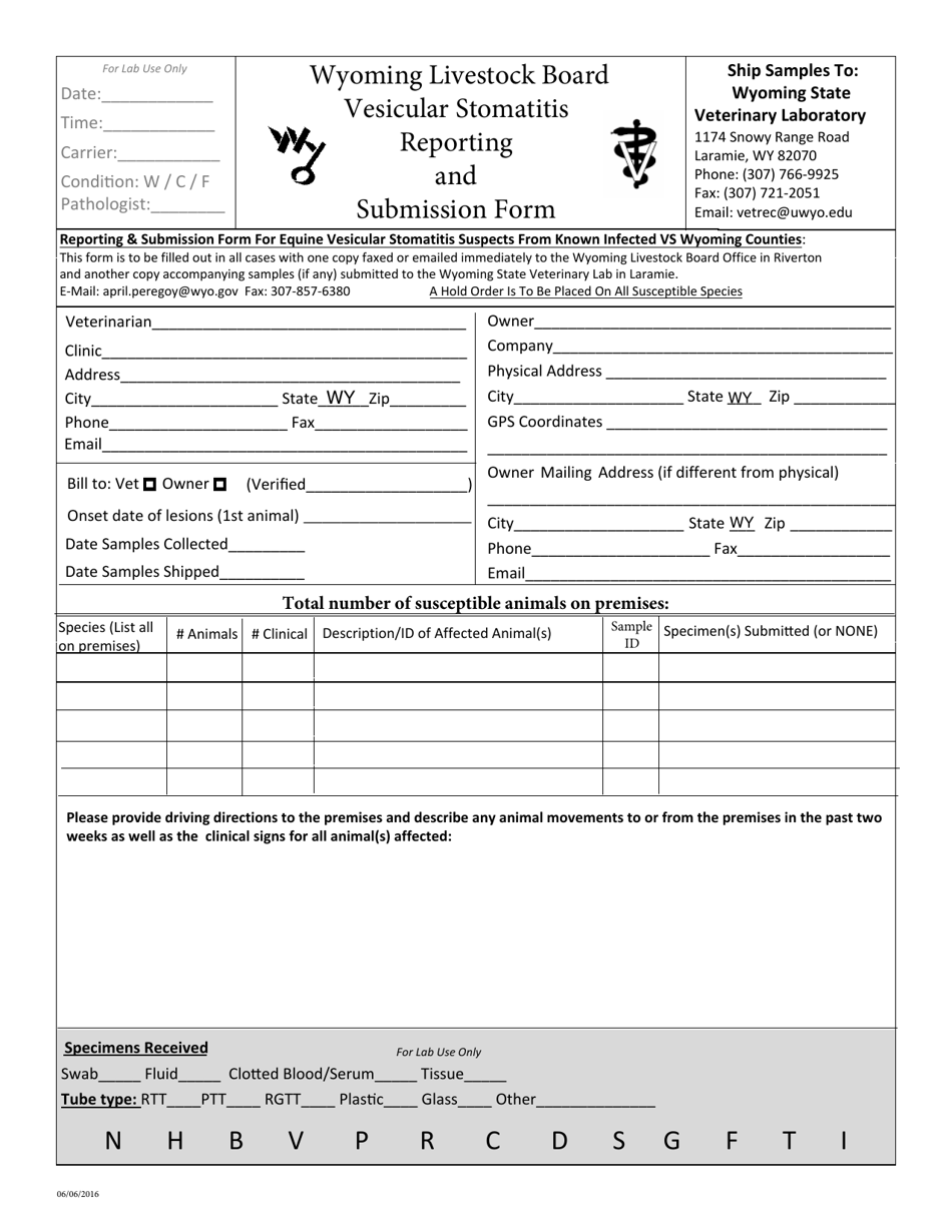 Wyoming Vesicular Stomatitis Reporting and Submission Form - Fill Out ...