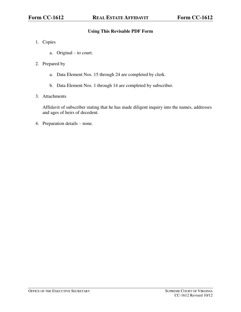 Download Instructions for Form CC-1612 Real Estate Affidavit PDF ...