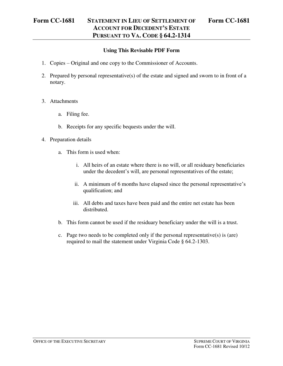 Download Instructions for Form CC-1681 Statement in Lieu of Settlement ...