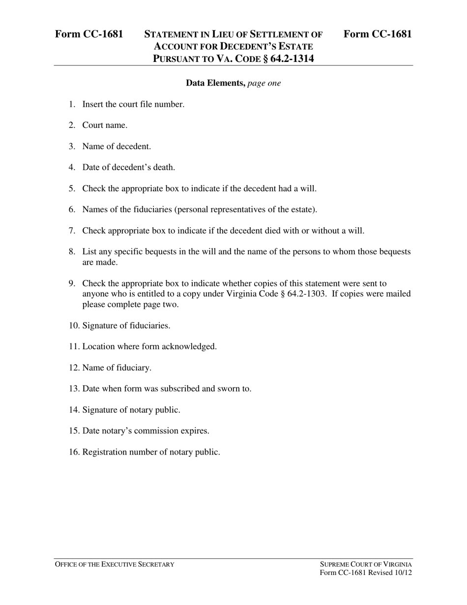 Download Instructions For Form Cc 1681 Statement In Lieu Of Settlement
