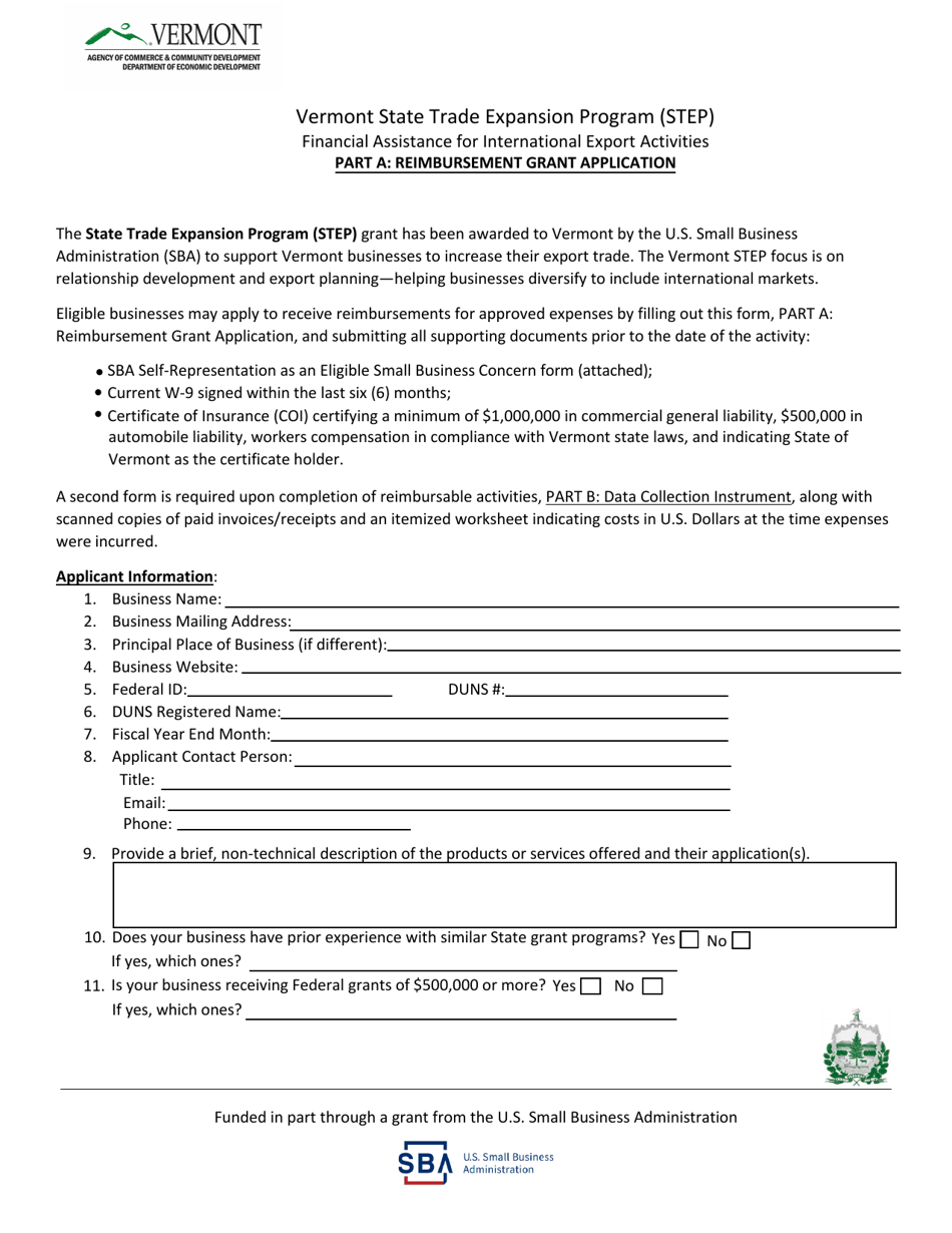 Vermont Reimbursement Grant Application - Vermont State Trade Expansion ...