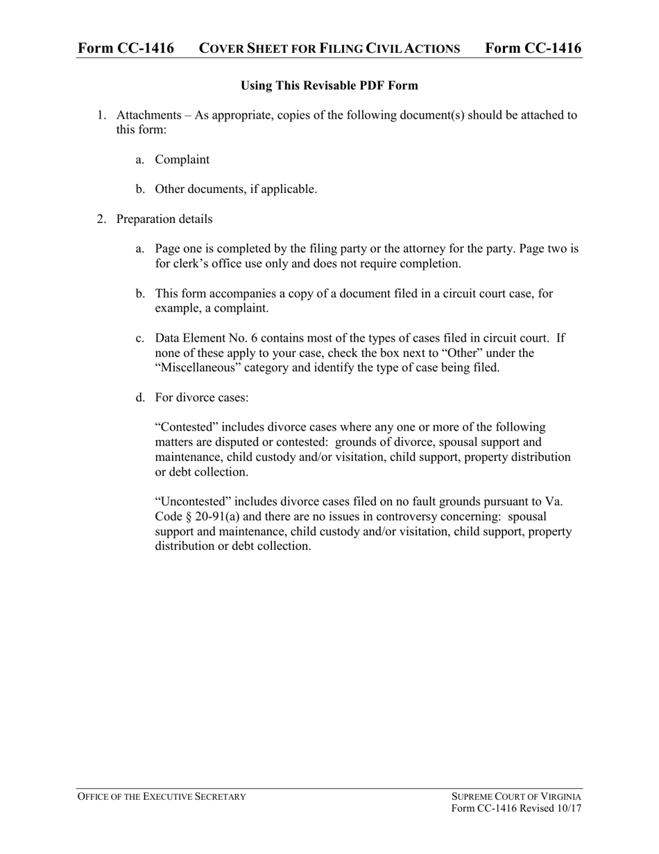 Download Instructions for Form CC-1416 Cover Sheet for Filing Civil ...