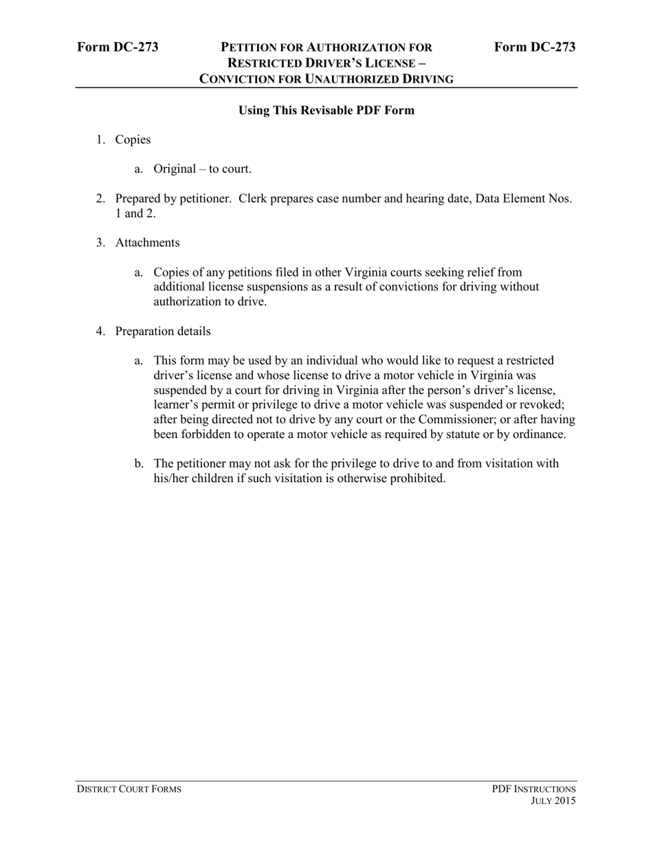 Download Instructions for Form DC-273 Petition for Authorization for ...