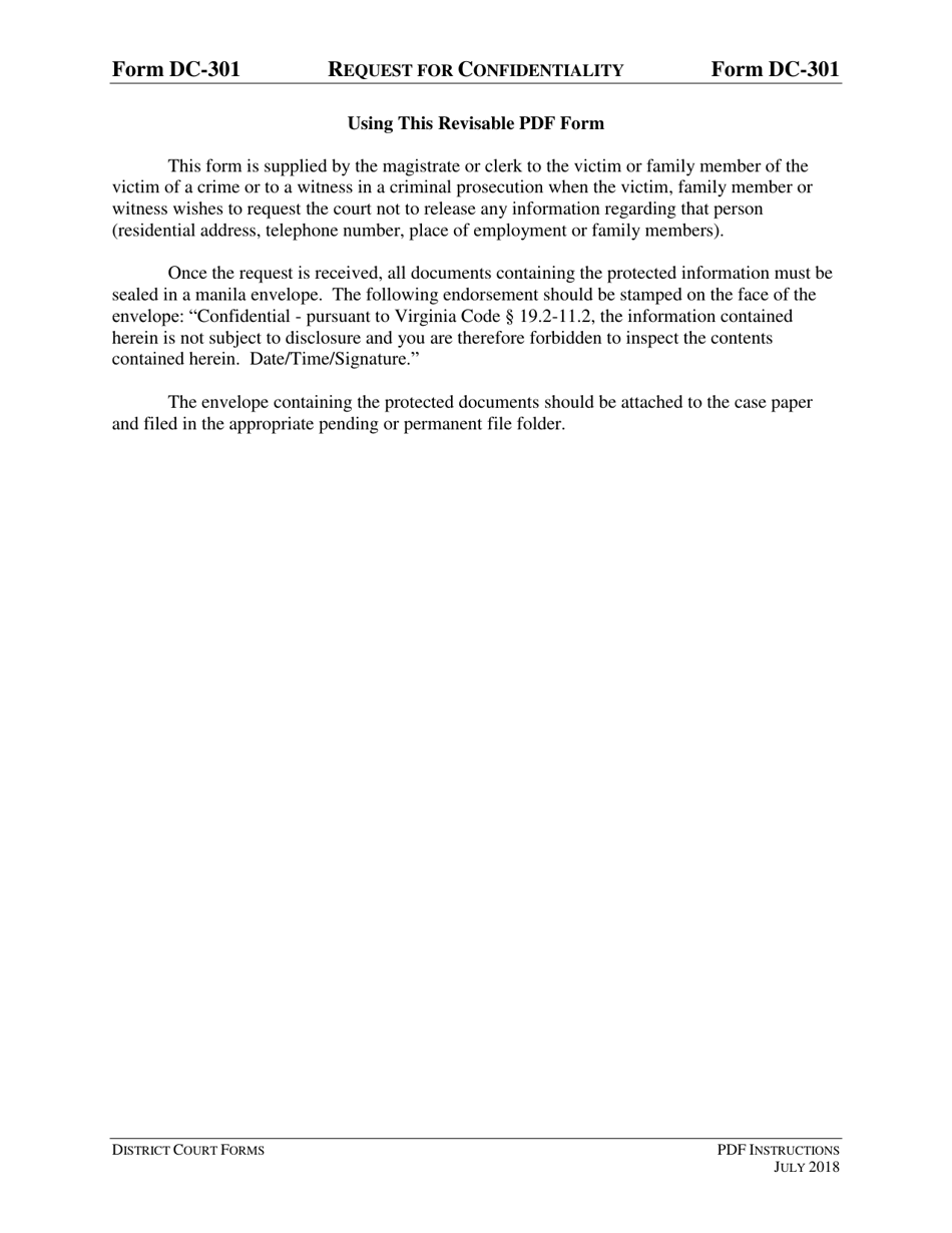 Download Instructions for Form DC-301 Request for Confidentiality PDF ...