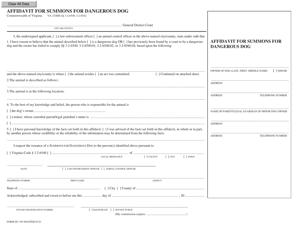 Form DC-395 - Fill Out, Sign Online and Download Fillable PDF, Virginia ...