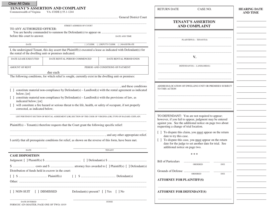 Form DC-429 - Fill Out, Sign Online and Download Fillable PDF, Virginia ...