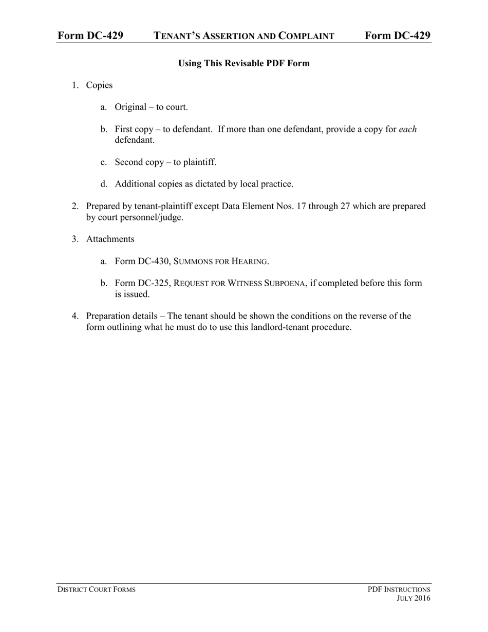 Download Instructions for Form DC-429 Tenant's Assertion and Complaint ...