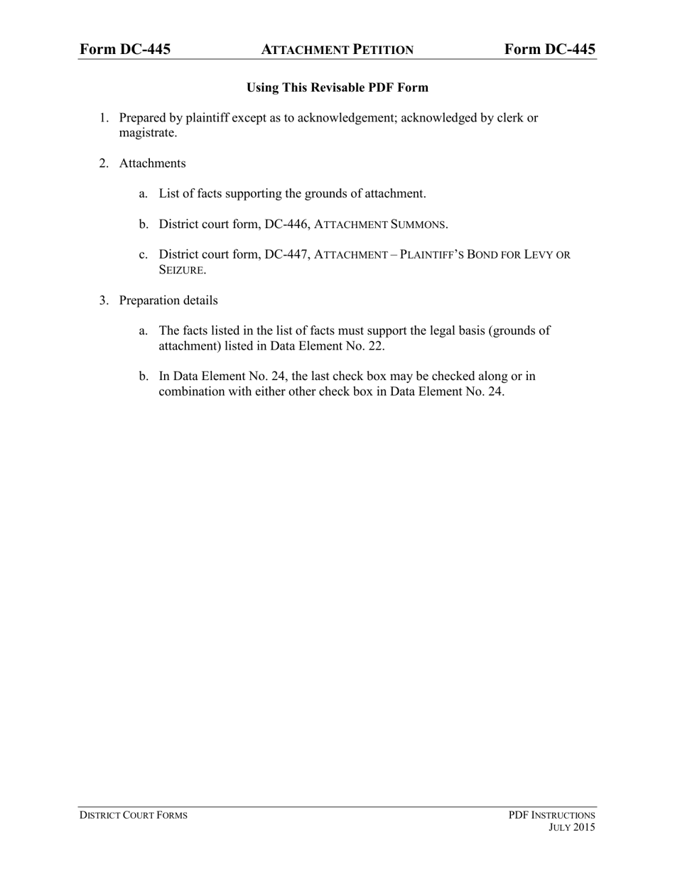 Download Instructions for Form DC-445 Attachment Petition PDF ...