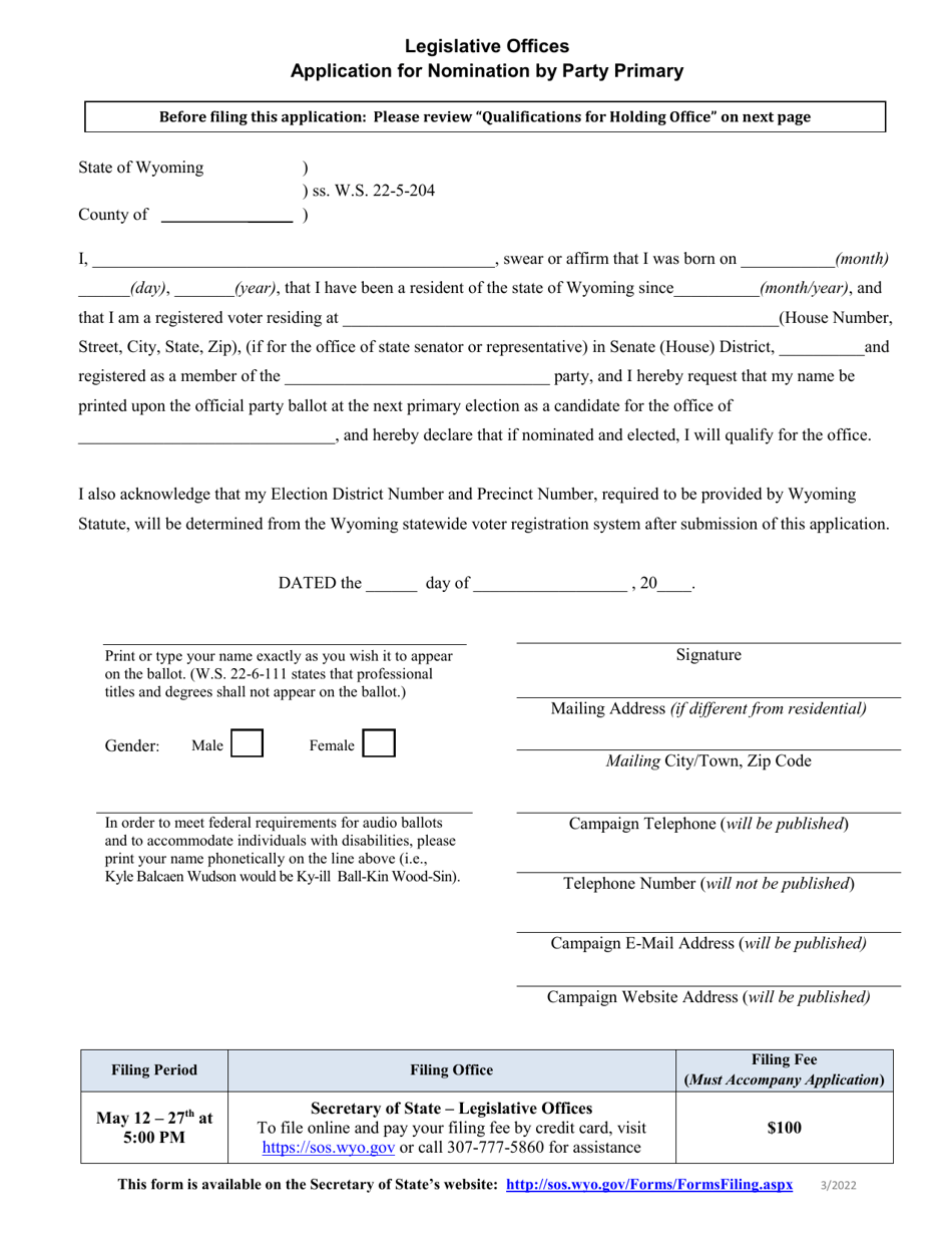Wyoming Application for Nomination by Party Primary - Legislative ...