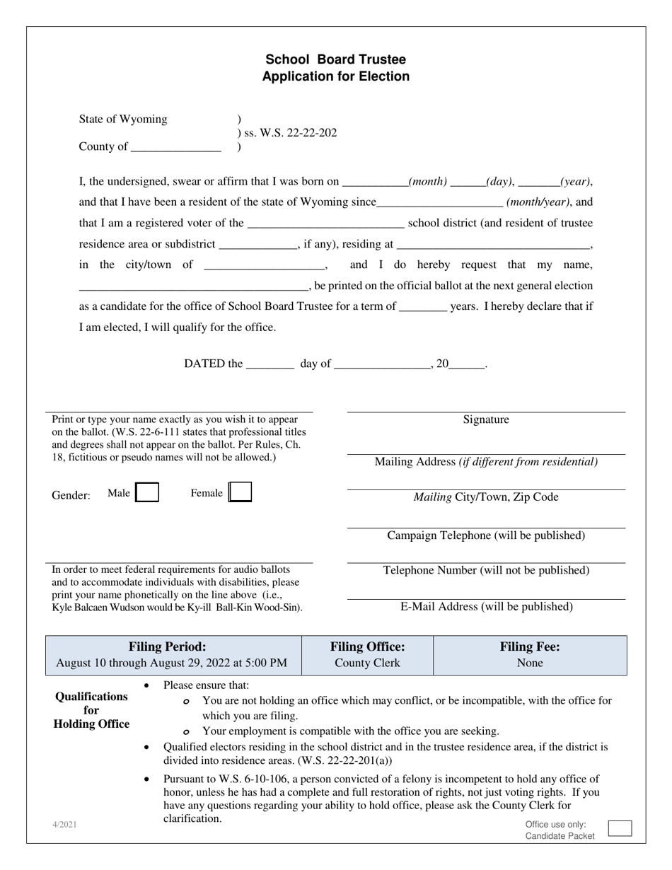 Wyoming Application for Election - School Board Trustee - Fill Out ...