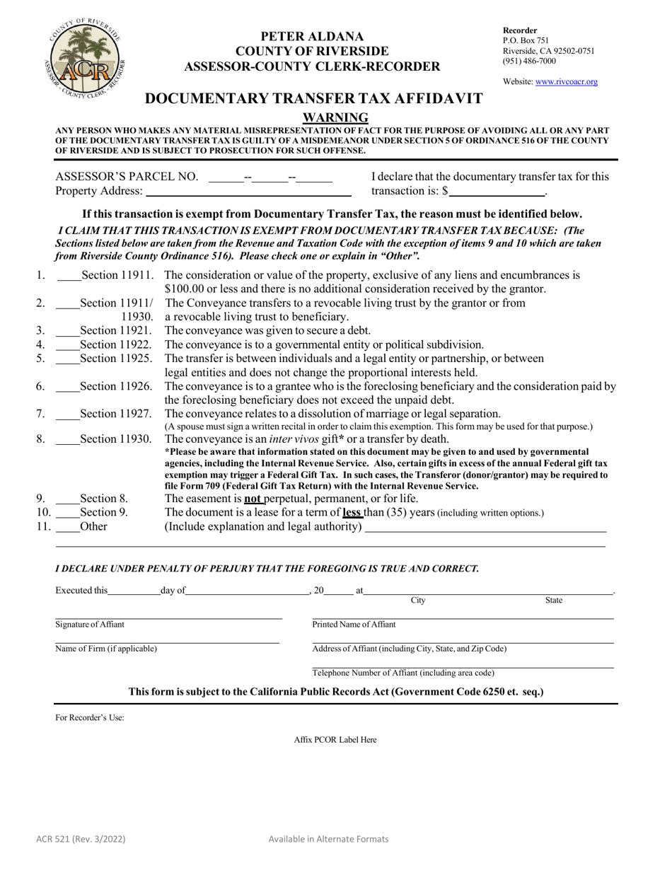 Form ACR521 - Fill Out, Sign Online and Download Fillable PDF, County ...